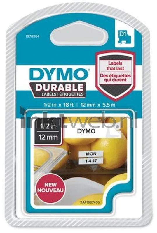 Dymo D1 1978364 vinyl tape zwart op wit breedte 12 mm (Origineel)