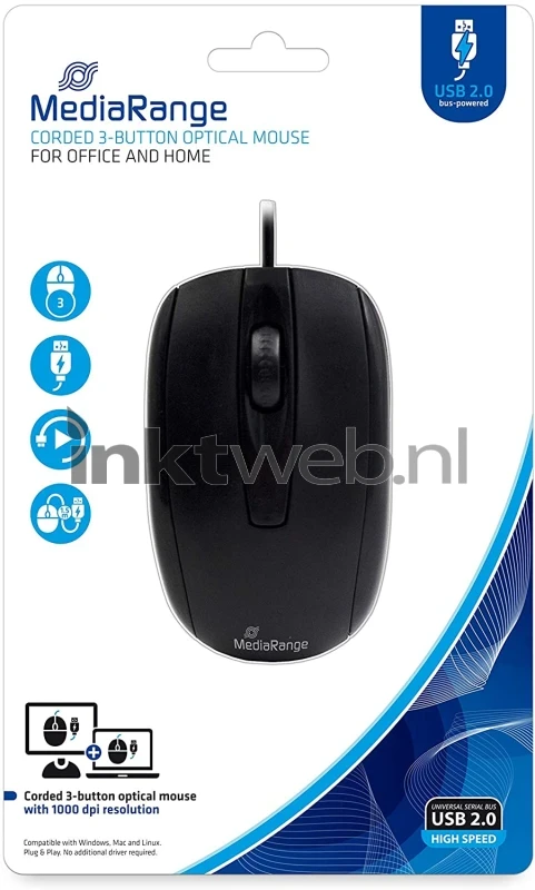 MediaRange MROS211 - Bedrade muis met 3 knoppen, Zwart (Origineel)